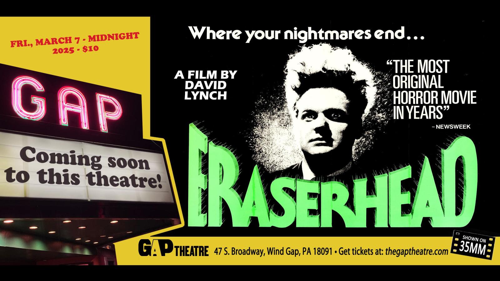 MIDNIGHTS @ THE GAP: ERASERHEAD (1977) on 35mm in Wind Gap - Checkout